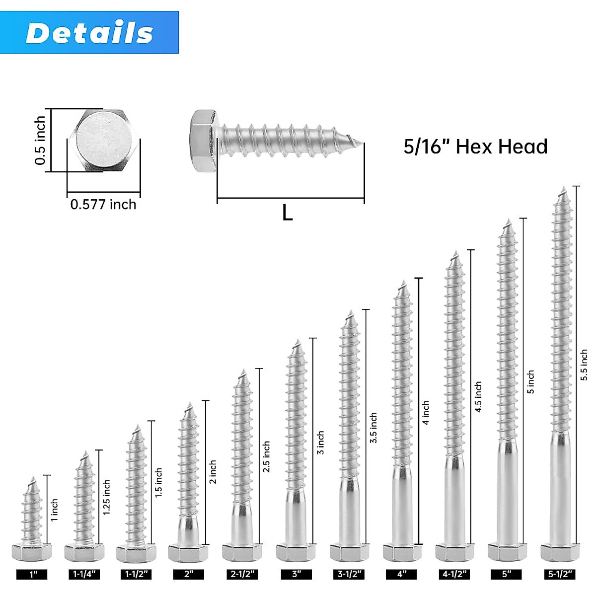Glvaner (15 pcs) 5/16" x 1-1/2" Stainless Steel Hex Head Lag Bolts, Hexagonal Head Lag Screws, 304 Stainless Steel 18-8, Secure Hold for Wood