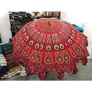 Indian Hippie Flower Embroidery Garden Umbrella Parasols, Beautiful Beach Sun Shade, Lawn Coffee Table Decorative Party Wedding Theme Decorative Parasol Large Garden Umbrella 72" (Red)
