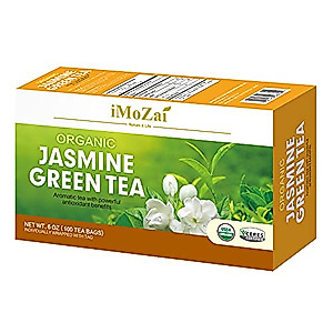 Imozai Organic Jasmine Green Tea Bags 100 Count Individually Wrapped | Lower Caffeine | Floral Aroma & Taste