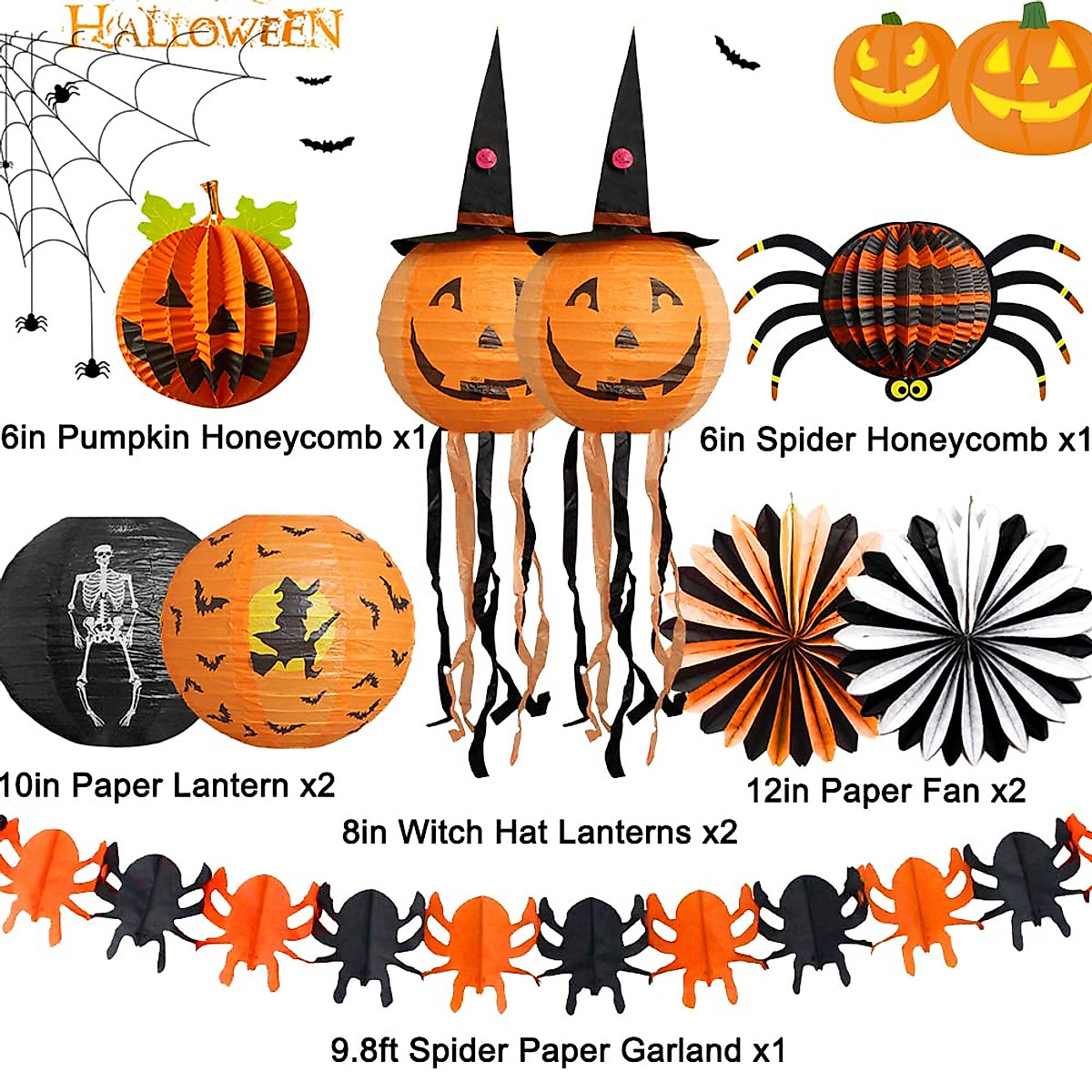 Halloween Party Decorations, Black Orange Party Supplies, Hanging Paper Lanterns Pumpkin Honeycomb Tissue Paper Fan Spider Garland Halloween Party for Kids Adults Home Decor Indoor Outdoor