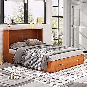 Mjkone Murphy Cube Cabinet Bed with USB Charging Station, Murphy Bed Cabinet with Large Drawer & Folding Mattress, Queen Size Bed Frame for Guest Room, Home, Office - Cherry