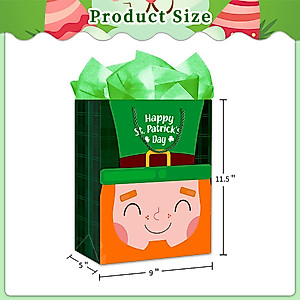 SICOHOME St Patricks Day Gift Bag 11.5"x 9" Green Buffalo Plaid Gift Bags with Tissue Paper, Happy St.Patricks Gift Wrapping Bags for Kids Classroom Party Favor Supplies
