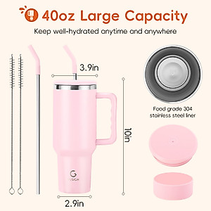 VUSIGN 40 oz Tumbler with Handle and Straw Lid, Stainless Steel Vacuum Insulated Tumbler Travel Mug Water Bottle Cup for Water Iced Tea Coffee Smoothie Car, Blush