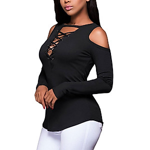 Defal Women's Sexy V-Neck Cold Shoulder Long Sleeve Blouse Shirt Slim Lace-Up Ribbed Stretchy T-Shirt Top (XXL, Black)