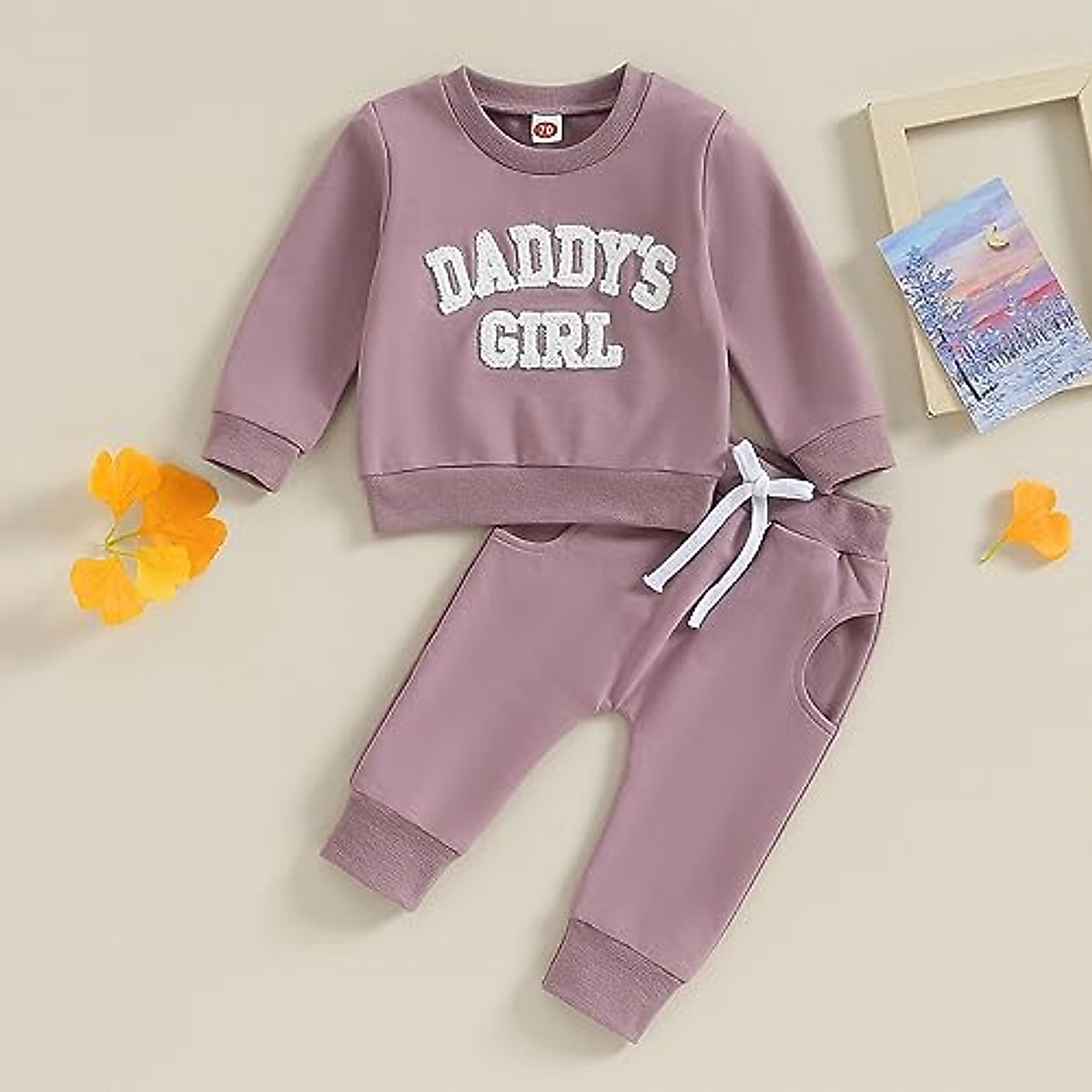 FIOMVA Daddys Girl Baby Clothes Toddler Fall Winter Outfits Sweatshirt Pants 2 Piece Set Shirt Sweatpants Suit (H Embroidered Daddy's Girl Purple, 2-3 Years)