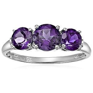 Sterling Silver African Amethyst and Diamond Accented 3-stone Engagement Ring, Size 7