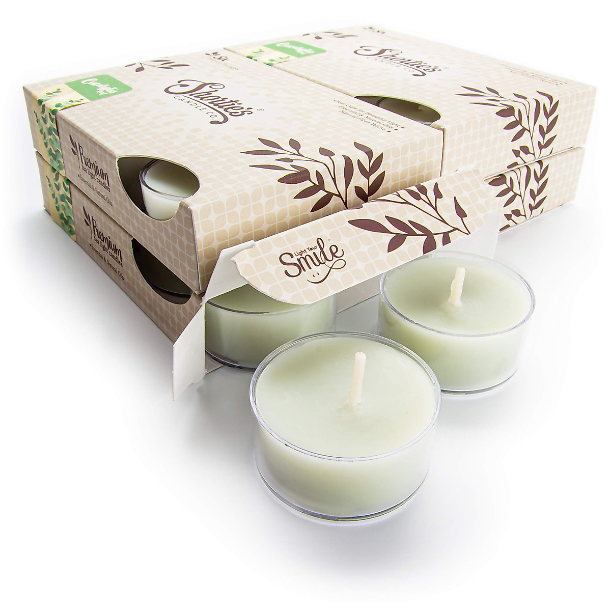 Eucalyptus Leaf Premium Tealight Candles Bulk Pack - Highly Scented with Essential & Natural Oils - 24 Green Tea Lights - Beautiful Candlelight - Made in The USA - Fresh & Clean Collection