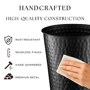 Monarch Abode Matte Black Metal Wastebasket Trash Can, Hand Hammered, Bathroom Decor