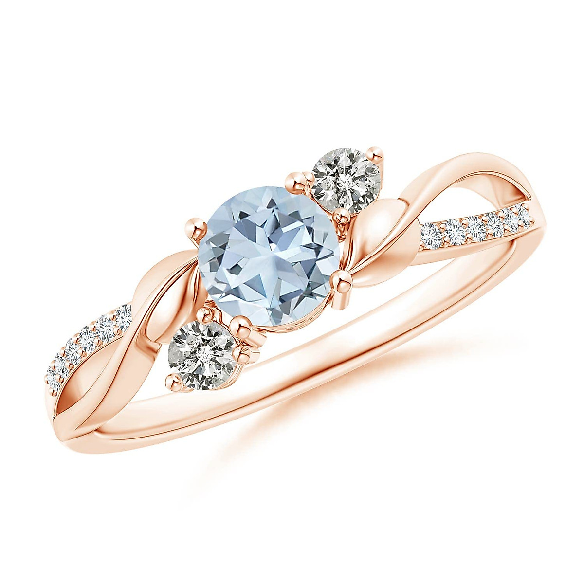 Angara Natural 0.4 Ct Aquamarine and 0.2 Ct Diamond Three Stone Ring for Women in 14K Rose Gold (Grade-AAA | Size-5mm) | March Birthstone, Birthday, Engagement, Anniversary Jewelry Gift For Women