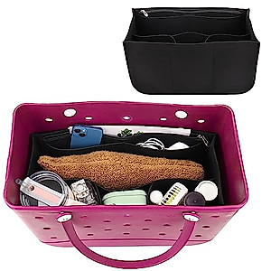 AIERSA Rubber Beach Bag Organizer Compatible with Bogg Bag/Simply Southern Tote, Felt Insert Divider Pouch with Zipper for Bogg Bags Accessories, with 7 Pocekets, Only for Original X Large Size -Black