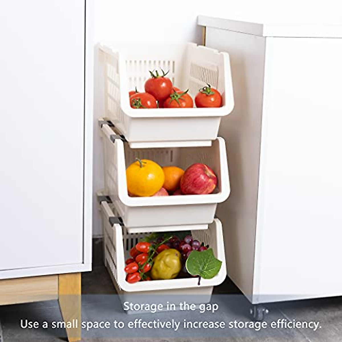 Baffect Pantry organizers, set of 3 Plastic Basket with rollers, Stackable Storage Bins for onions and potatoes (Beige)