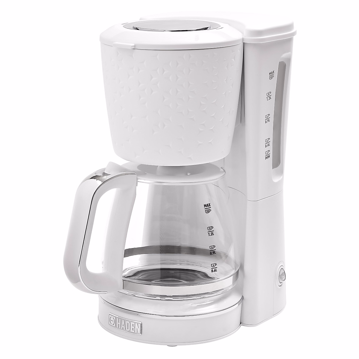 HADEN Starbeck Elegant Easy to Clean Drip Coffee Machine with Glass Carafe, 30 Second Anti Drip and Keep Warm Function, 1.5 Liter Tank, White/Chrome