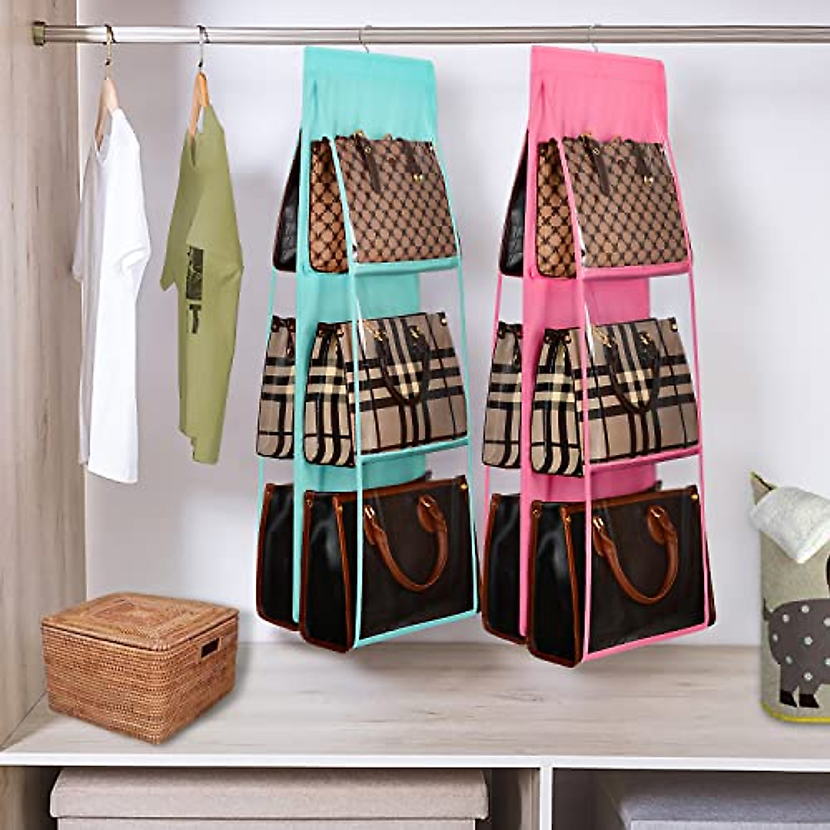 Lirex Handbag Hanging Organizer, 6 Pockets Foldable Hanging Purse Organizer Oxford Cloth Handbag Storage Hanger Universal Fit Closet Organizer for Family Closet Bedroom, Pink