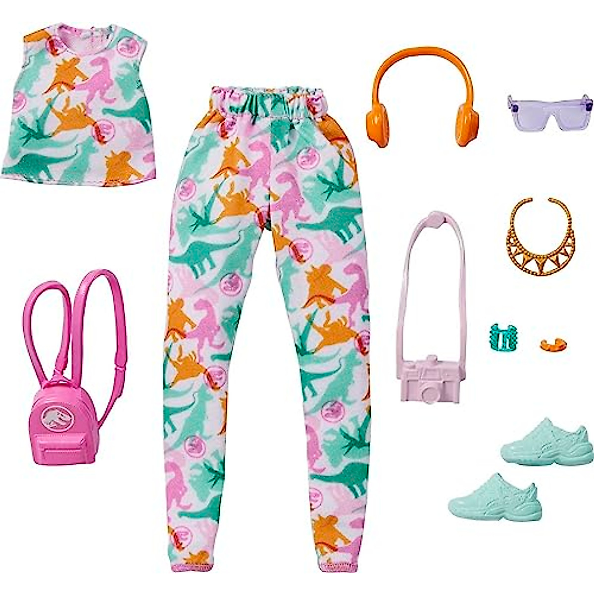 Barbie Clothing & Accessories Inspired by Jurassic World with 10 Storytelling Pieces for Barbie Dolls: Sleeveless Crop Top & Jogger Pants, Backpack, Camera, Headphones, Sunglasses & More