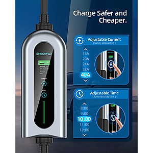 ShockFlo G1 Level 2 EV Charger (40Amp, 240V, NEMA 14-50P), Wall-Mounted EVSE SAE J1772 EV, Portable Electric Vehicle Charger with Adjustable Current/Timing Delay, Plug-in Home EV Charging Station