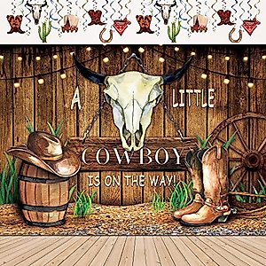 LIGHTINHOME Cowboy Baby Shower Backdrop 7Wx5H Feet for Rustic Wooden Pattern Cowboy Western Hat A Little Cowboy is On The Way Photography Background Decorations Photo Booth Studio Prop Fabric