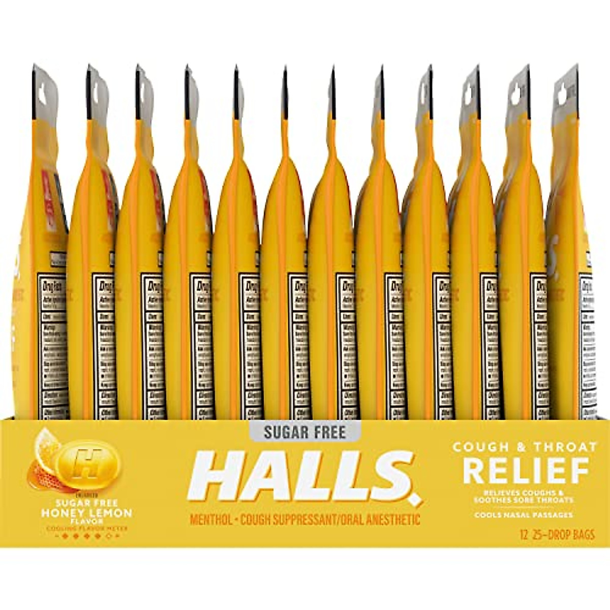 HALLS Relief Honey Lemon Sugar Free Cough Drops, 12 Packs of 25 Drops (300 Total Drops)