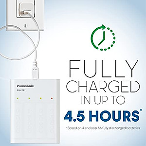 Eneloop Panasonic K-KJ87MCA4BA Individual Battery Charger with Portable Charging Technology and 4AA Rechargeable Batteries, White