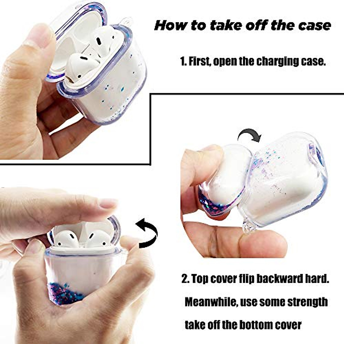 uCOLOR Purple Blue Glitter Waterfall Case for AirPods Pro 2019 360 Full Protective Shockproof Portable Cover with Key Chain for Earphone AirPods Pro Charging Case