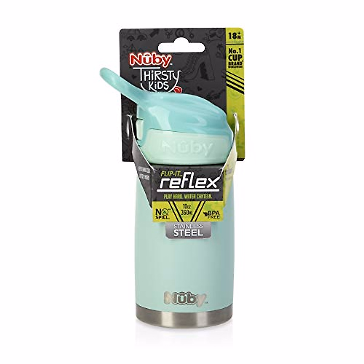 Nuby Thirsty Kids No Spill Flip-It Reflex Stainless Steel Travel Cup or Water Bottle - 10 Oz - 18+ Months - Aqua Mint