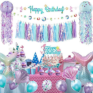 Mermaid Birthday Party Decorations Supplies Banner Tassel Garland Bubble Garland Hanging Jelly Fish Paper Lanterns Balloons Cake Topper Mermaid Happy Birthday Decorations for Kids Girls Women