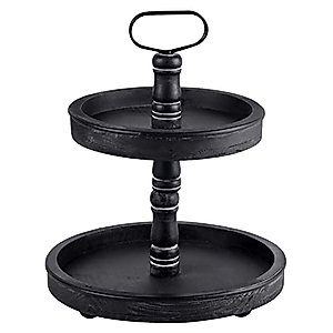 Funly mee Distressed Rustic Black Wood Two-Tier Tray with Metal Handle,Decorative Organizer for Kitchen Counter Top, Dining Room Table(Black)