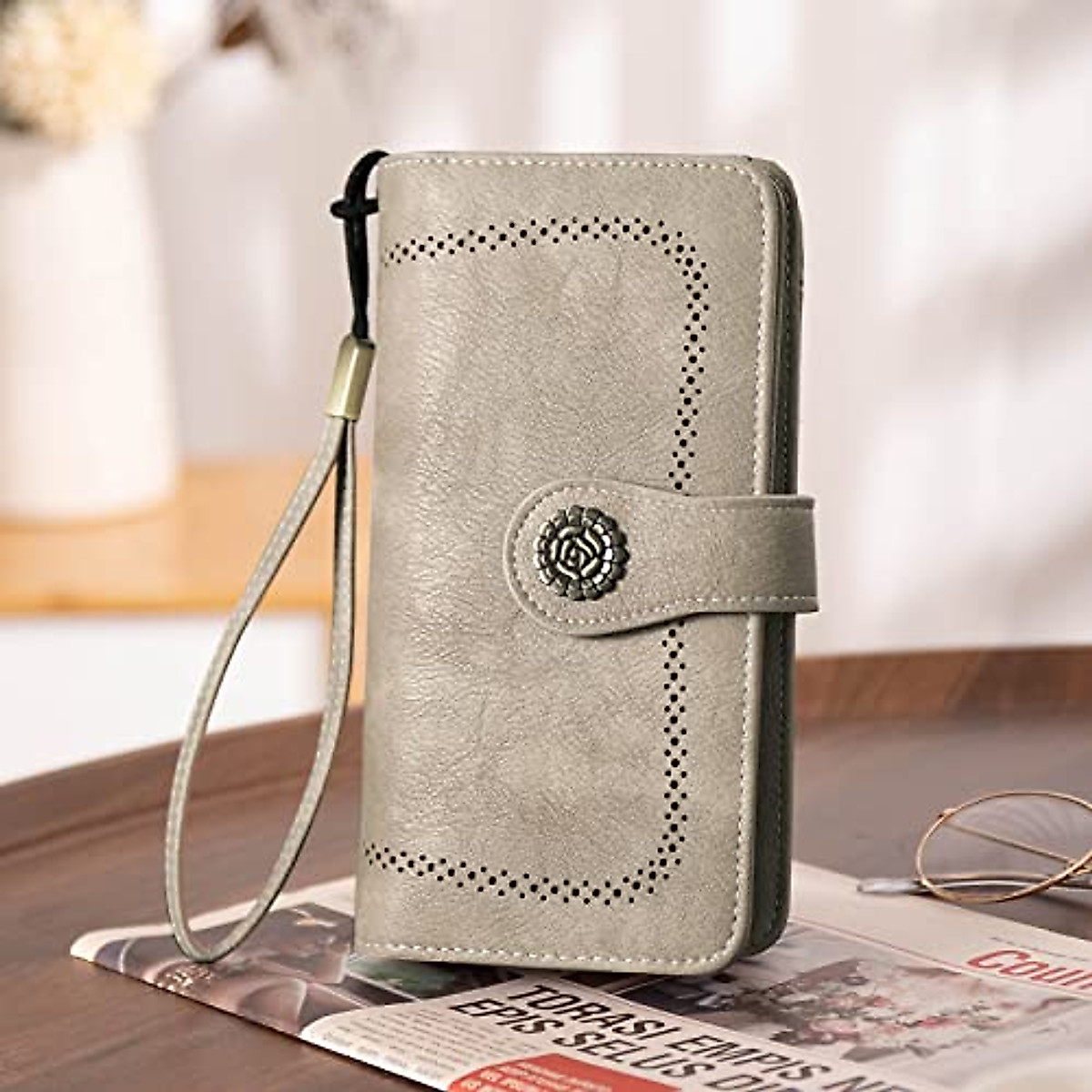 CLUCI Wallet for Women Leather Large Capacity Purse Wristlet Clutch RFID Blocking Credit Card Holder with ID Window Two-toned Gray