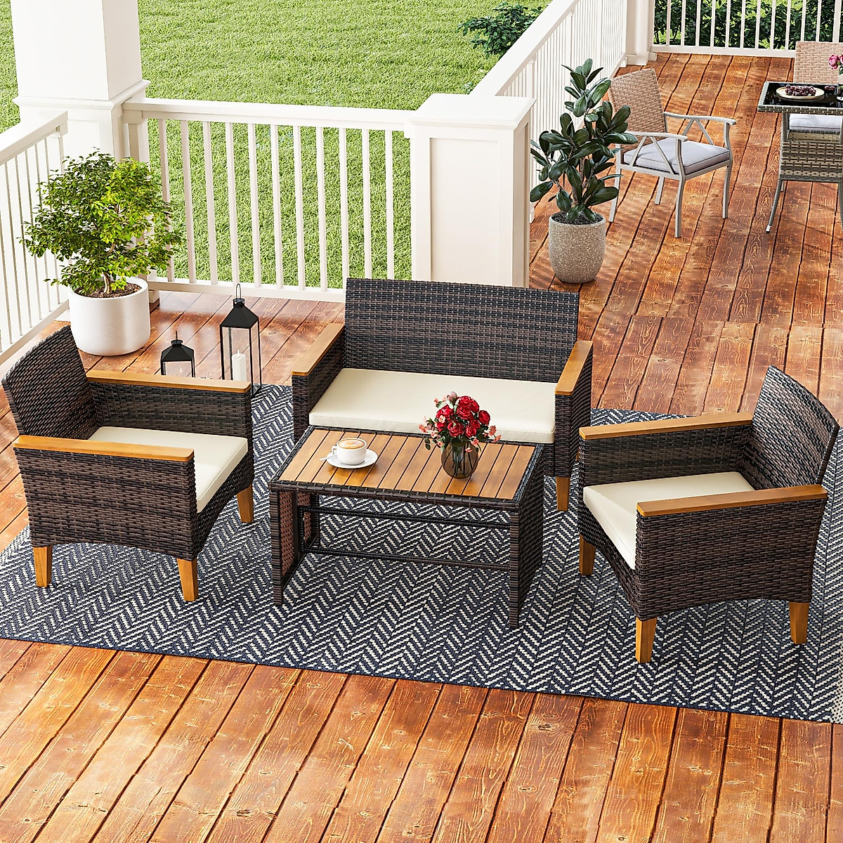 YITAHOME Wooden Armrest 4-Piece Patio Furniture Set, All-Weather Outdoor Furniture Rattan Wicker Conversation Set with Wooden Side Table, Wooden Armrests &Feet and Soft Cushions, Brown+Beige