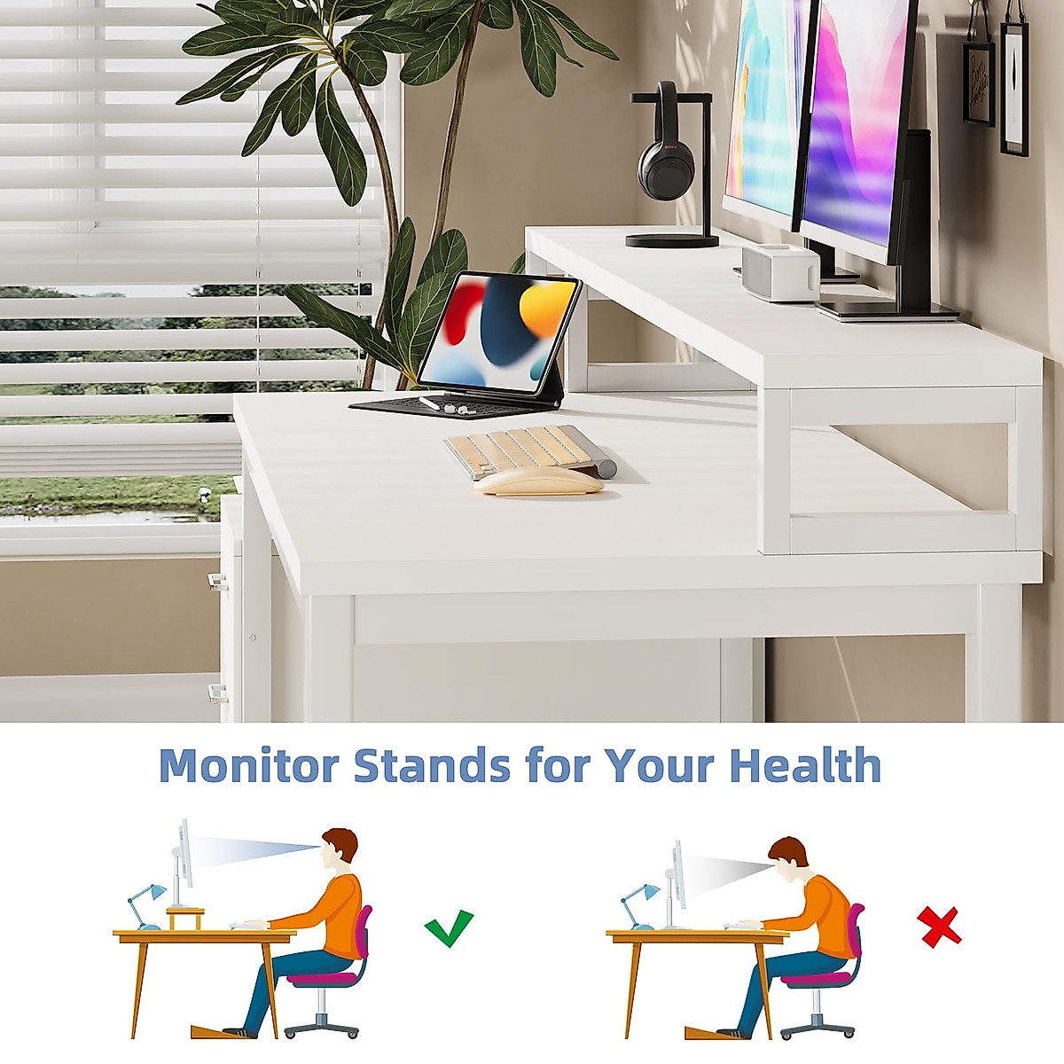 White Desk with 3 Drawers, 67 Inch White Computer Desk with Long Hutch, Home Office Desk with Storage, Home Office Desk with LED Light and Printer Stand, Heavy Duty Leg, Monitor Shelf for Bedroom