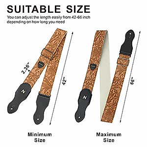 Nefelibata Guitar Strap with Pick Pocket,2.3 inch Porter Style Vegan Leather Carving Guitar Straps,60s Vintage Style（Brown Yellow）