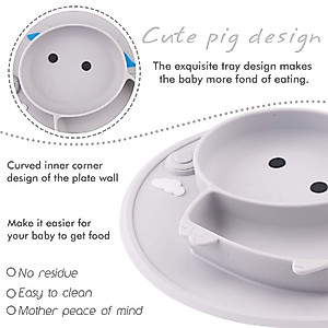 Qshare Toddler Plate, Portable Baby Plates for Toddlers and Kids, BPA-Free Strong Suction Plates for Toddlers, Dishwasher & Microwave Safe Silicone Placemat 9x6x1.4 inch Gray