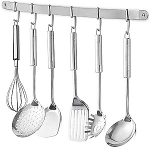 eForwish Stainless Steel Kitchen Utensil Racks Holder Hanging Rail Organize Pots Pans Kitchen Knife Gadgets On Wall Mounted Hanger Bar Rail Under Cabinet Shelf (6 Hook,17") Pack of 2