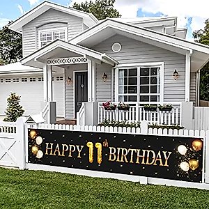Kimini-Ki Happy 11th Birthday Banner, Lager 11th Birthday Banner Backdrops, 11th Years Old Decor, 11th Birthday Party Decorations for Boys or Girls - Black and Gold (11th)