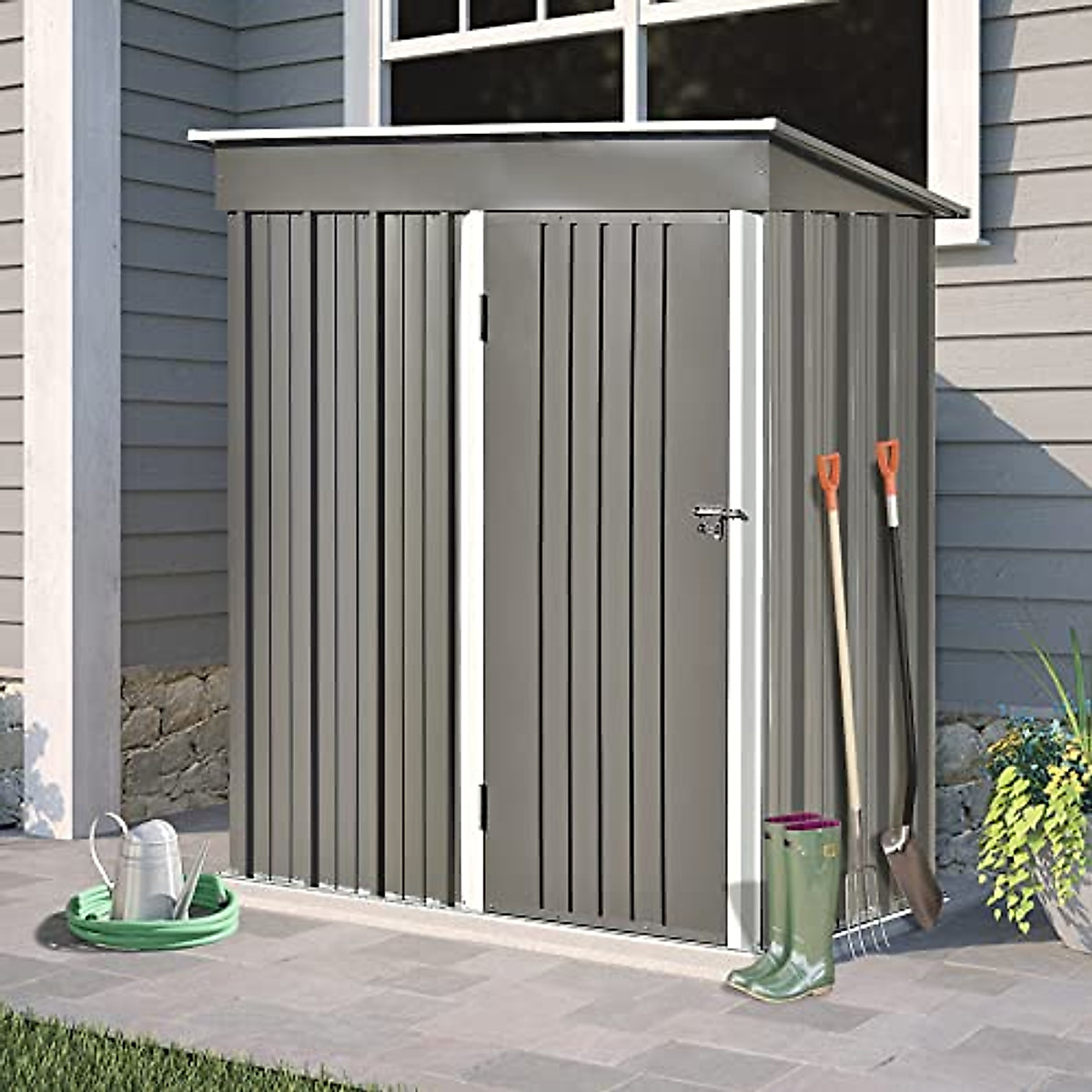 LUMISOL 5 x 3 FT Outdoor Storage Shed, Heavy Duty Metal Shed with Lockable Door, Tool Garden Shed Waterproof Storage House for Backyard, Patio, Lawn (Gray)