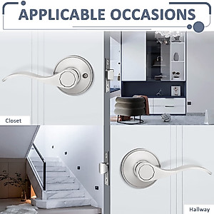 Probrico (2 Pack Passage Door Lever [Non-Locking Lever Set], Non-Locking Door Handle Set for Hallway or Closets, Keyless Satin Nickel Finish Wave Door Lock, Reversible Right & Left Side Handed