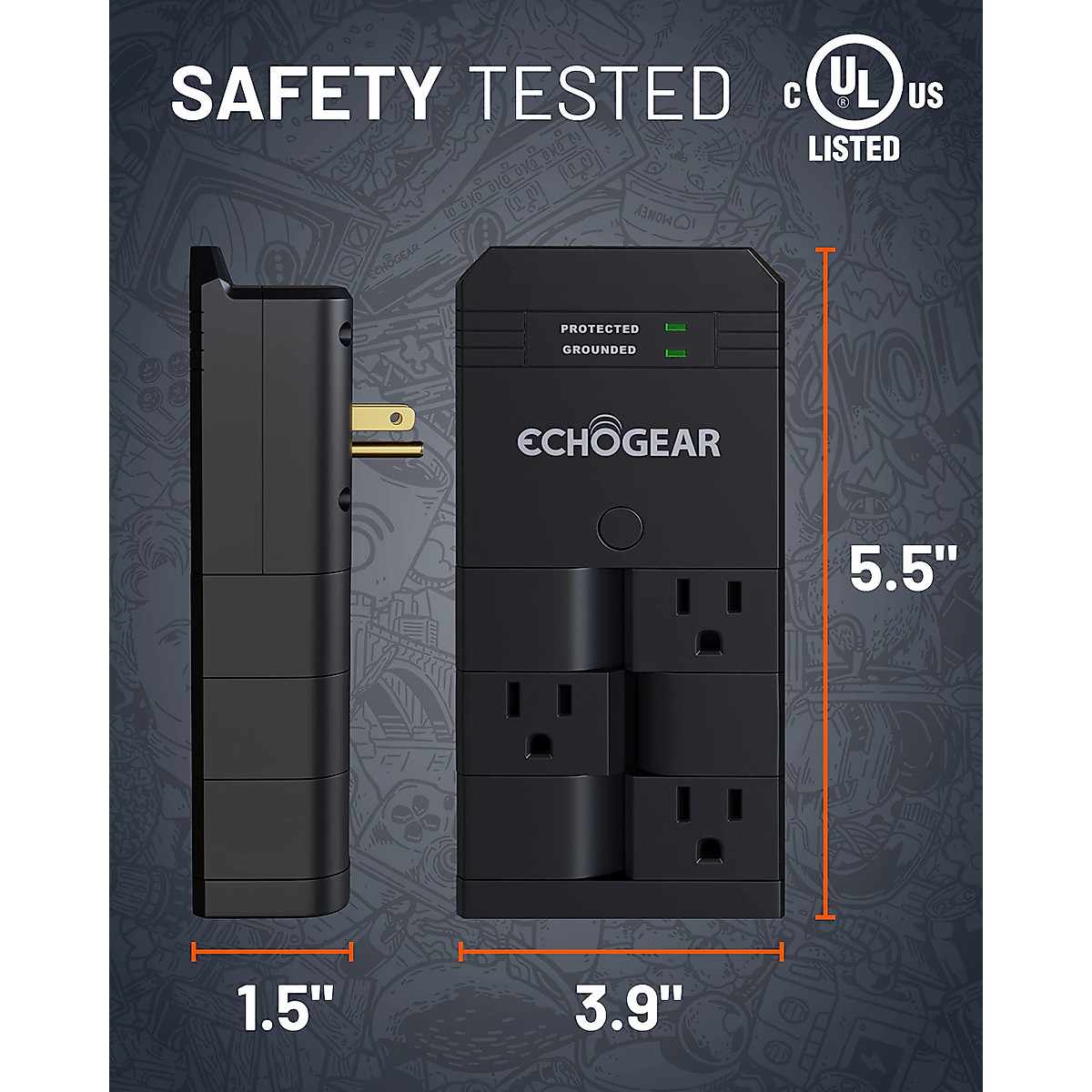 ECHOGEAR Wall Outlet with Surge Protection - Power & Protect 8 Devices with 6 Rotating AC Plugs & 2 USB Ports - Includes 1x USB-C Port & 1x USB-A Port - Black