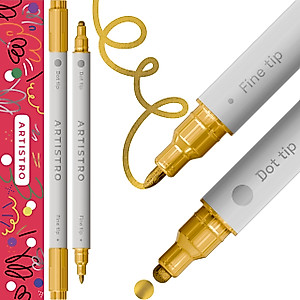 ARTISTRO 2 Gold Acrylic Paint Pens, Acrylic Paint Markers Dual Tip (Fine 1mm + Dot 5mm), Acrylic Markers for Fabric, Canvas, Rock, Glass, Wood, Paper, DYI, Paint Markers for Kids and Adults