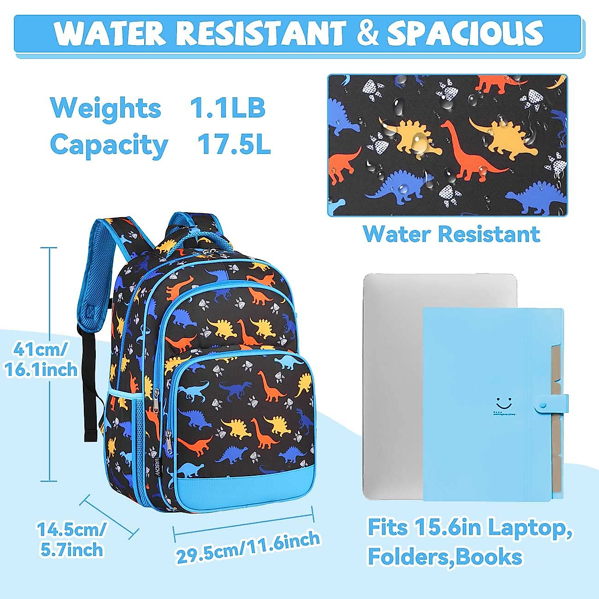 VASCHY School Backpack for Boys, 16in Water Resistant Backpack for Kids Preschool/Primary/Elementary School Bookbag with Tablet Sleeve Black Dino