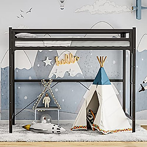 IKIFLY Metal Loft Bed Twin Size, Heavy Duty Junior Loft Bed Frame with 2 Ladders & Safety Guard Rail, Noise Free, Space-Saving, No Box Spring Needed - Black