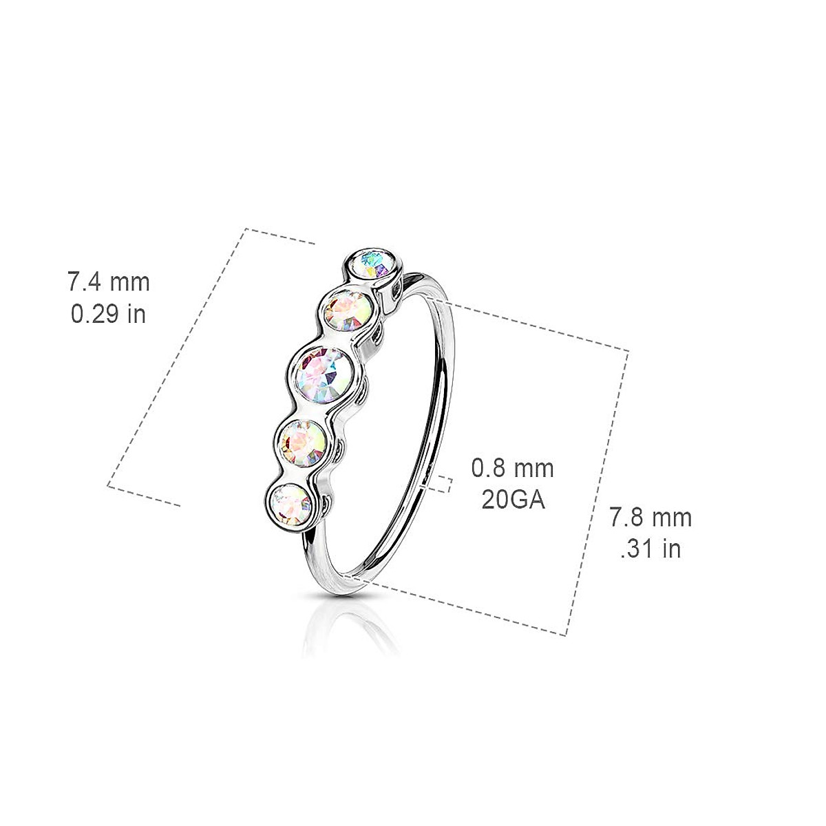 Pierced Owl 20GA Stainless Steel Bezel Set CZ Crystal Bendable Hoop Nose Ring (Silver Tone/Aurora Borealis)