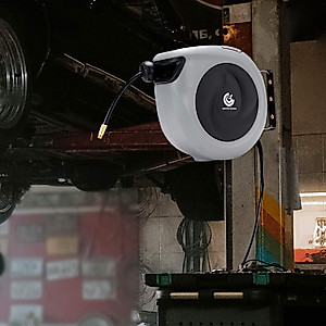 Air Hose Reel Retractable 3/8 in. x 50 ft Hybrid Polymer Hose, Retractable Auto-Rewind Enclosed Heavy Duty 180° Swivel Mount, Max 300PSI Commerical Polypropylene Grey