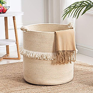 YOUDENOVA Large Woven Rope Storage Basket, Baby Nursery Hamper for Toy&Clothes, Beige Decorative Blanket Basket with Cute Knot Handles & Tassel, Boho Laundry Hamper for Living Room, 15.7 inchx16.9 inch