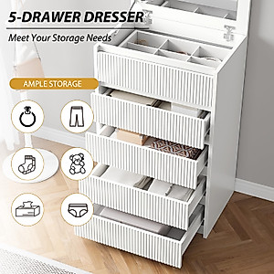 Jocoevol White Dresser 5 Drawer Dresser for Bedroom, Modern Fluted Dresser with Deep Drawers and Mirror, Wooden Dresser Chest of Drawers for Living Room, Hallway, Entryway