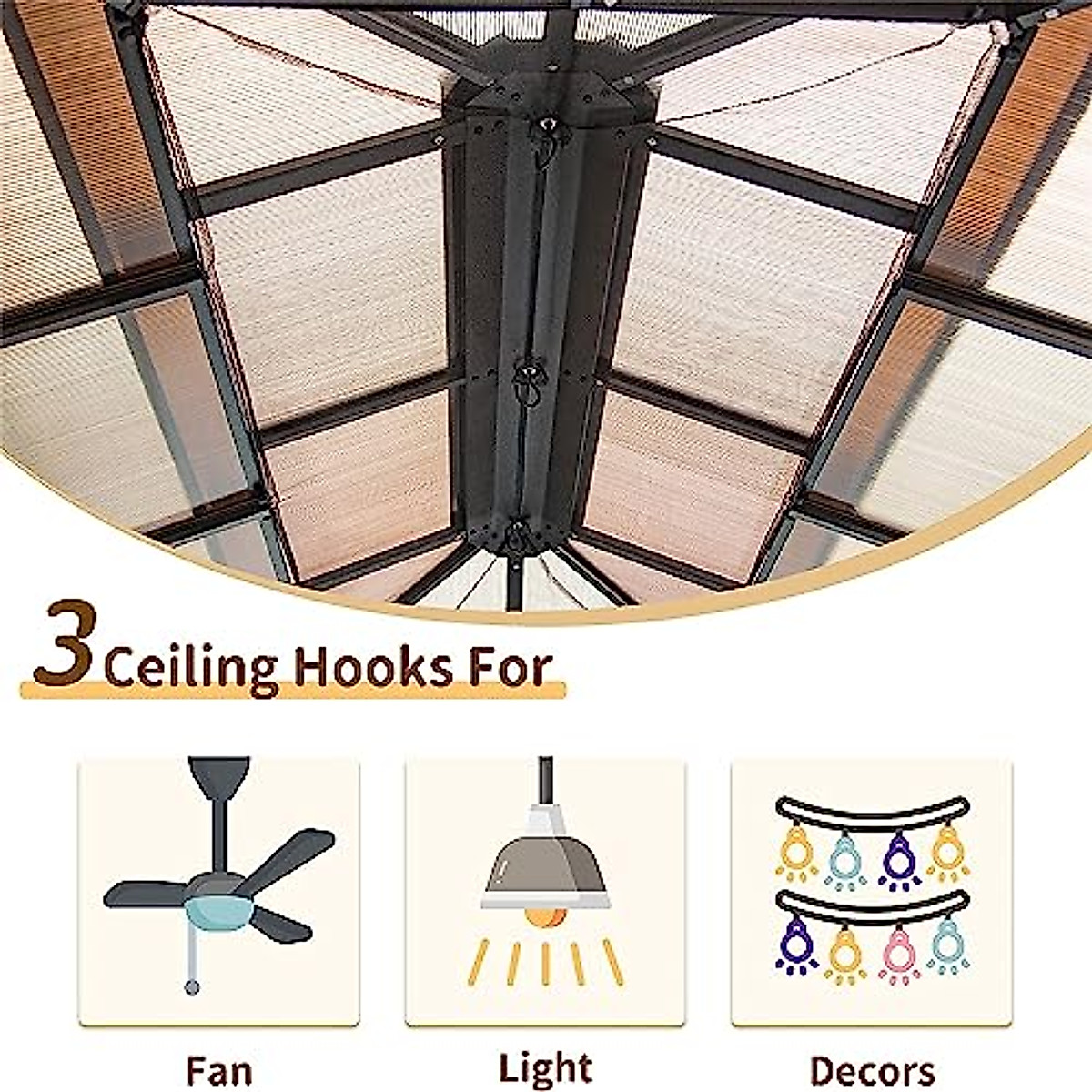 UBGO 12x16ft Outdoor Gazebo,Permanent Hardtop Gazebo with Curtain and Net,Aluminum Gazebo Pavilion with Polycarbonate Double Roof,for Garden, Patio, Lawns, Deck, Backyard, Wood Looking-Yellow Brown