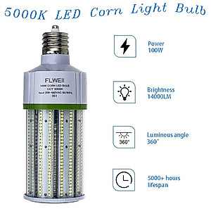FLWEII LED Corn Light Bulb, 208-480V 100W E39 Mogul Base 5000K,14000 LM Replacement 400W HPS/MH for Indoor Outdoor Garage Warehouse Factory Backyard