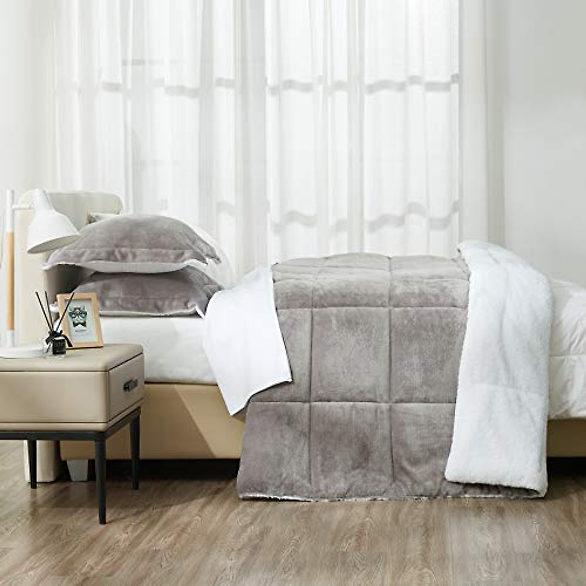 ART DEMO Home Ultra Soft Plush Sherpa Fleece Comforter Bed Set with Pillow Shams for All Season, 3 Piece, Full/Queen Size, Charcoal Grey