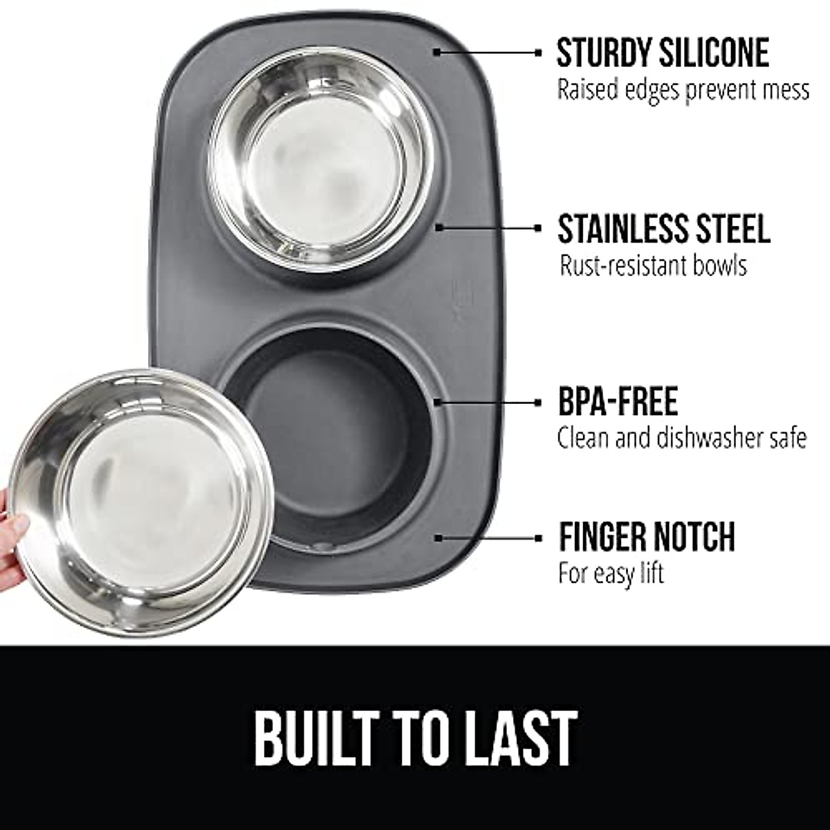 Gorilla Grip Slip Resistant Pet Bowls and Silicone Feeding Mat Set, Catch Water and Food Mess, Raised Edges for No Spills, Stainless Steel Cat and Dog Dish Bowl for Small and Large Pets, 2 Cups Gray