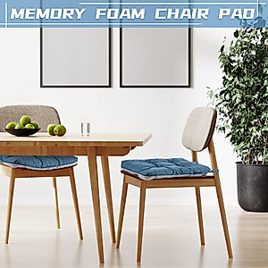 8 Pack Indoor Chair Cushions for Dining Chairs Kitchen Chair Pad with Ties Tufted Overstuffed Memory Foam Textured Chair Cushions Non Slip Backing Chair Seat Cushions, 15.5 x 15.5 Inches, Blue