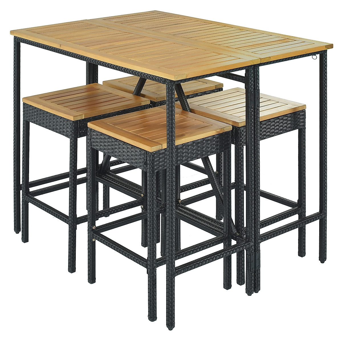 5-Piece Steel Outdoor Patio Wicker Bar Set, Garden PE Rattan Wicker Dining Table, Foldable Tabletop, Acacia Wood Tabletop with 4 Stools and 1 Wood Table. (Brown Wood + Black Wicker#1)