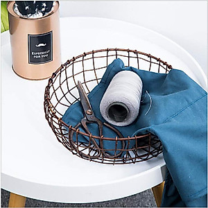 Vintage Handmade Woven Wrought Iron Mesh Fruit Basket Bowl Creative Bronze Snack Plate Tray Holder Stand Round Serving Storage Container (Medium(1pc))